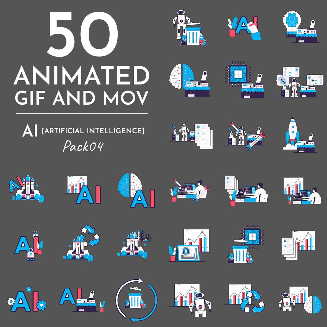 50 AI Animated Icons | GIF & MOV Pack for Tech Content (digital ...
