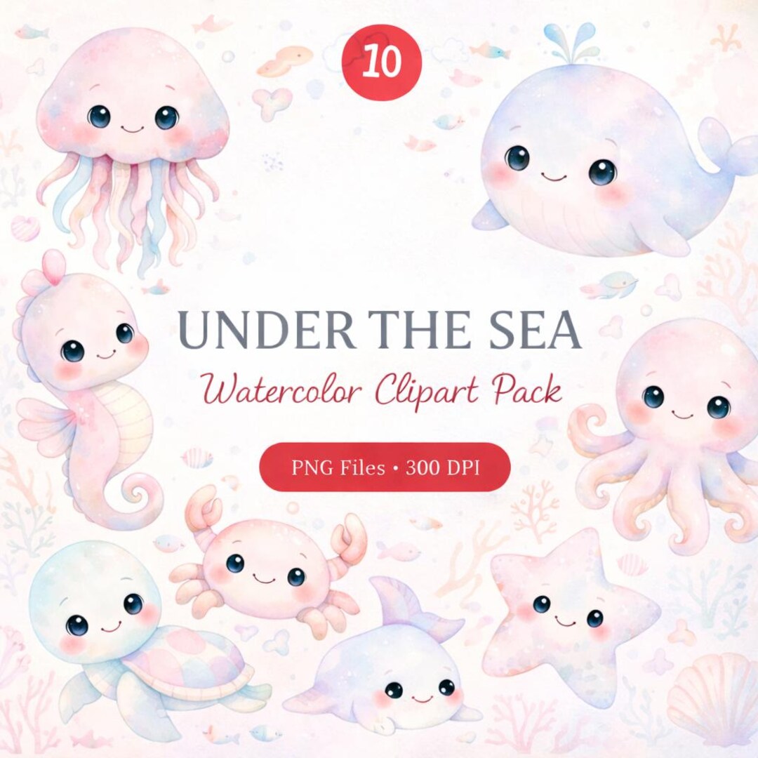 Under the Sea Clipart Bundle, Watercolor Ocean PNG, Nursery Decor, Baby ...