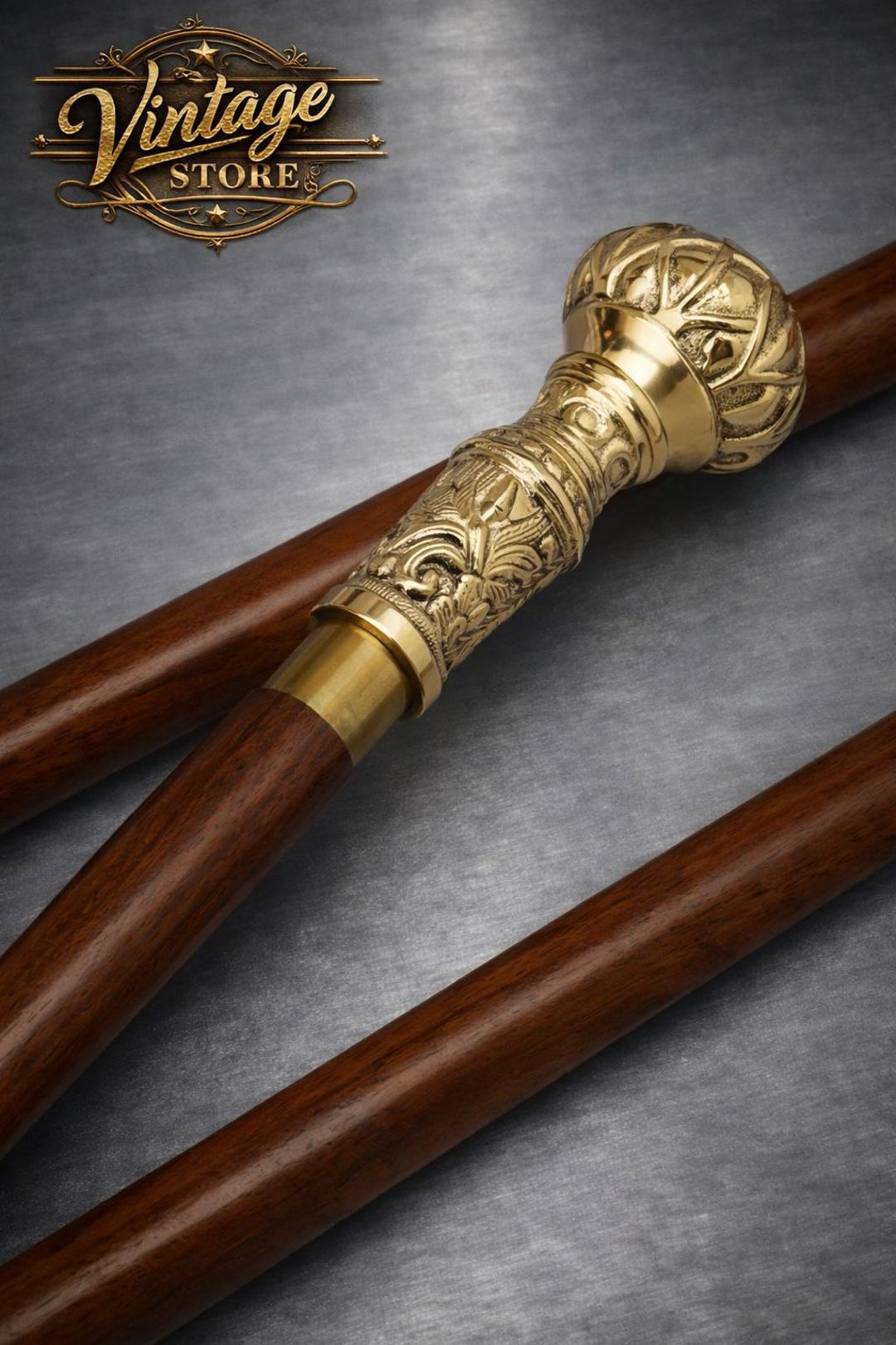 Luxury Vintage Walking Stick Cane | Gold Ornate Metal Handle | Handmade ...