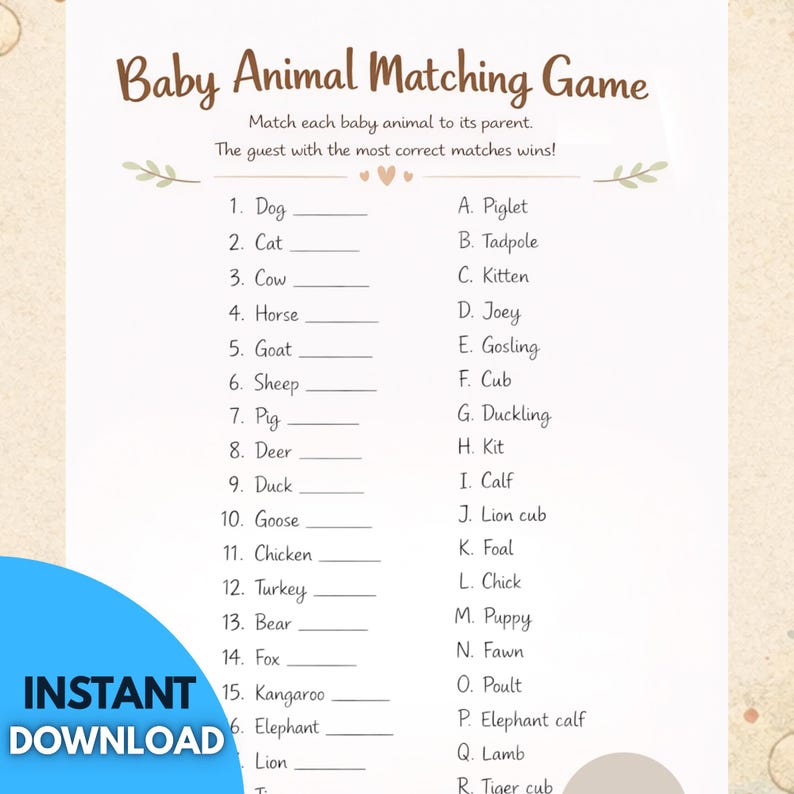 Baby Animal Matching Game Baby Shower | Printable Baby Shower Game ...