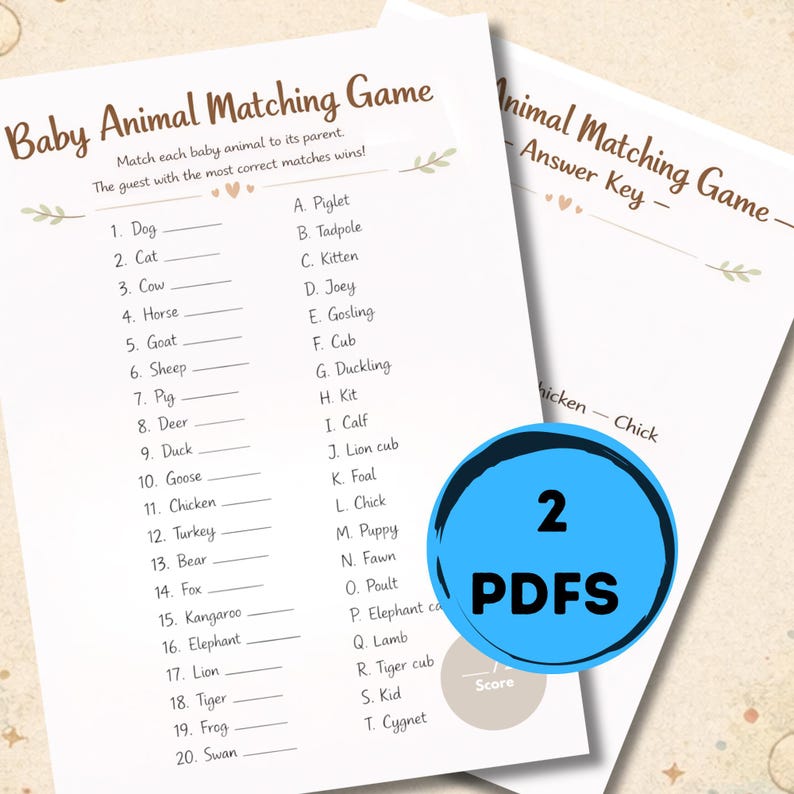 Baby Animal Matching Game Baby Shower | Printable Baby Shower Game ...