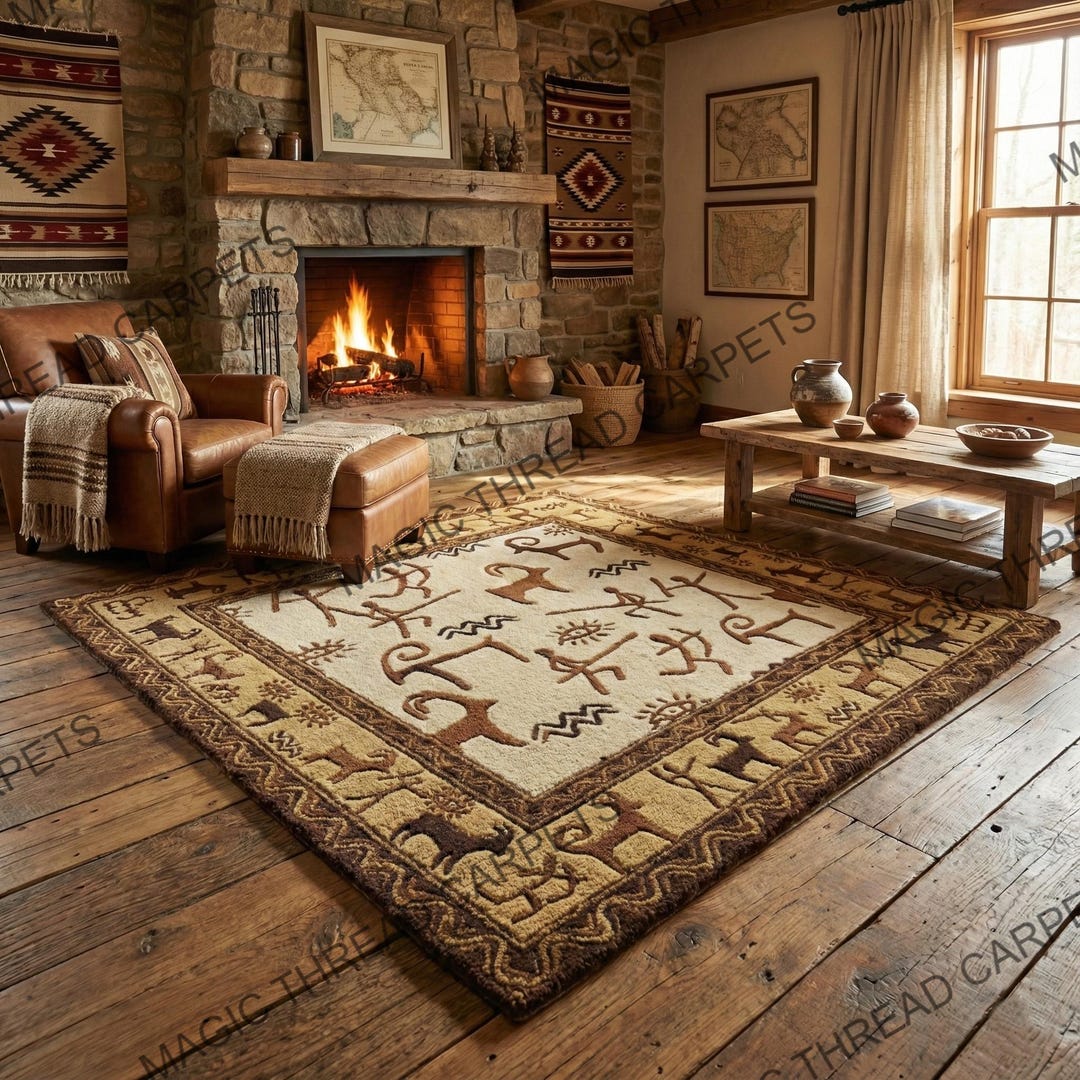 Tribal Cave Art Pattern Carpet in Beige & Brown | Hand Tufted Wool Area ...