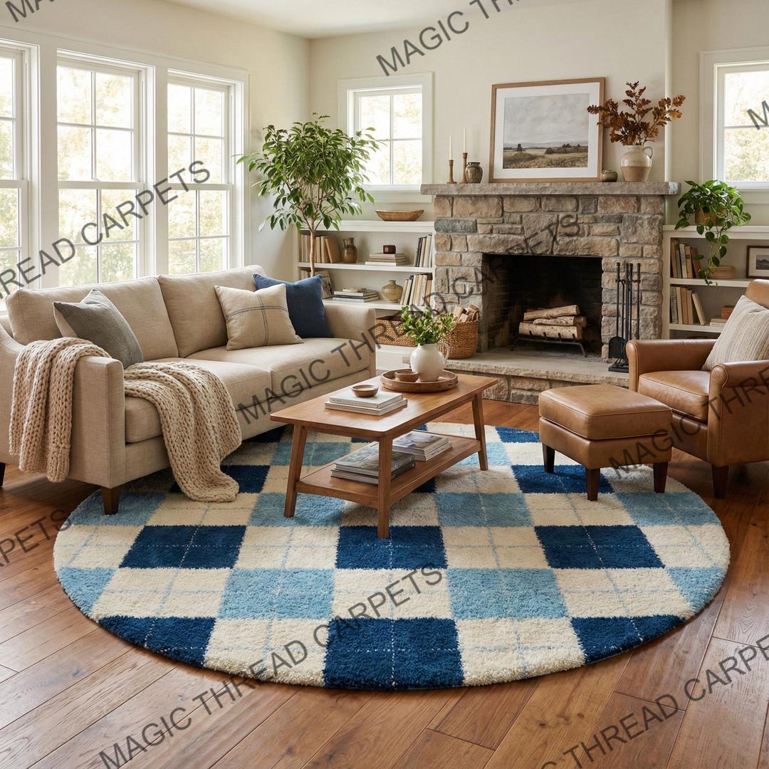 Modern Hand Tufted Round Rug | Soft Blue Checkered Design | Area Rug ...
