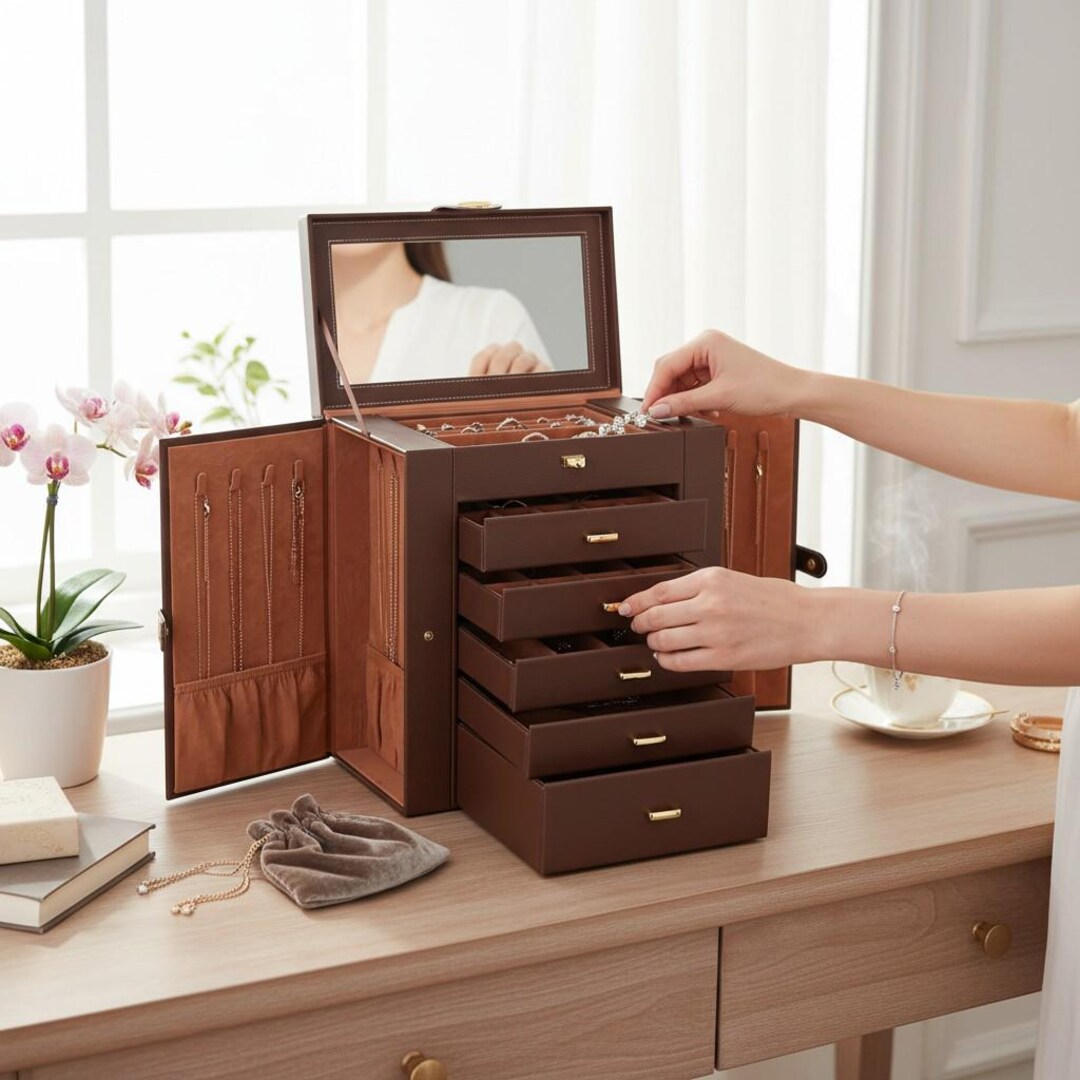 Extra Large PU Leather Jewelry Box | 6-tier Organizer With Mirror - Etsy