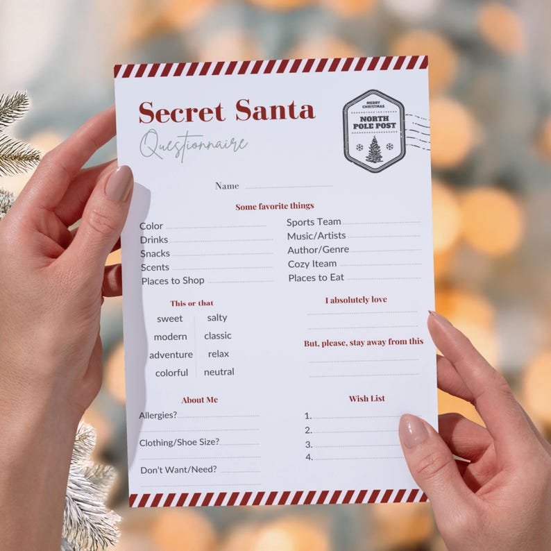 Secret Santa Questionnaire | Printable Holiday Gift-exchange Form ...