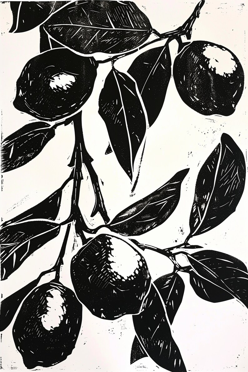 Set of 3 Lemon Prints, Kitchen, Black and White Prints, Linocut Print ...