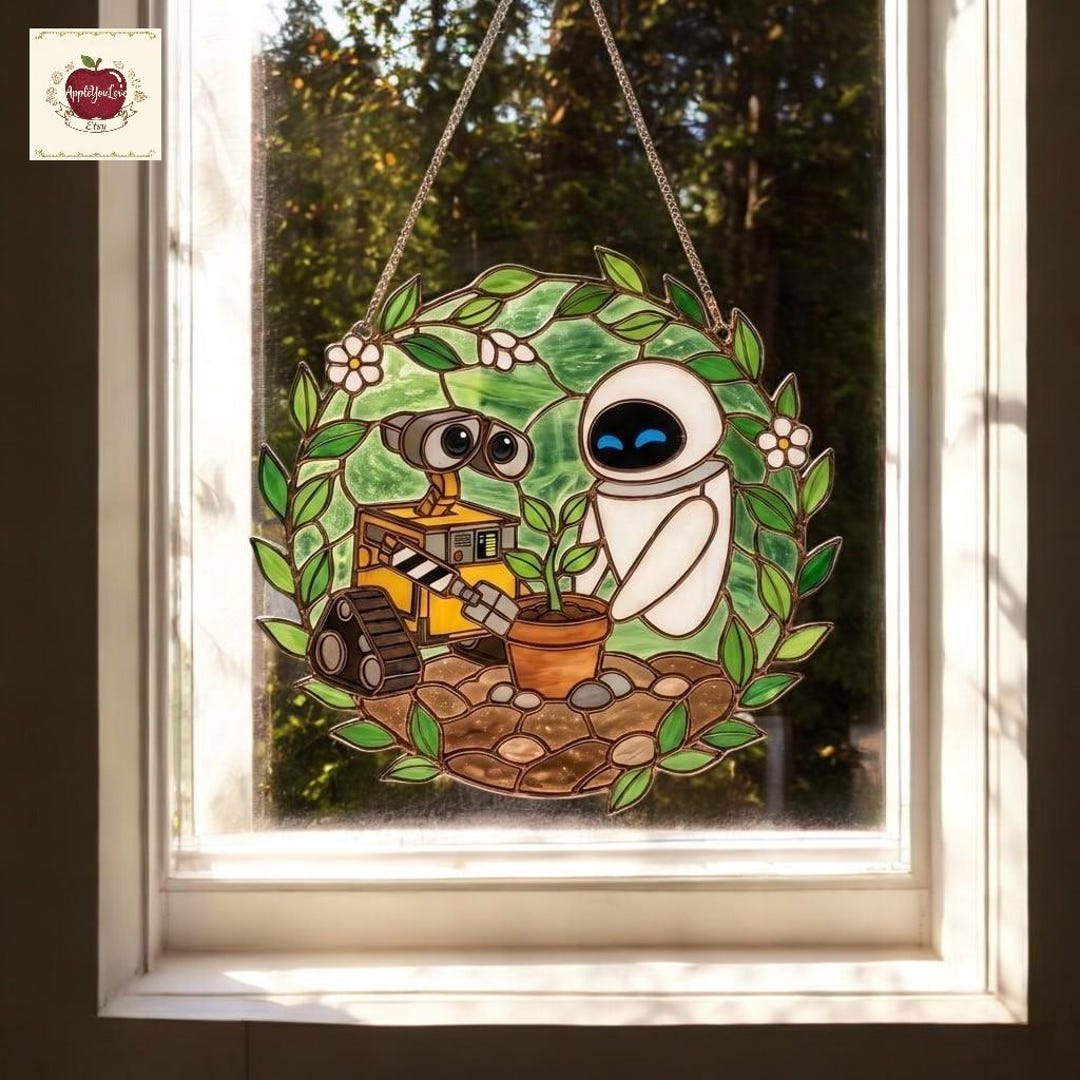 Pixar Robot Window Hanging, Cute Robot Plant Scene Suncatcher, Romantic ...