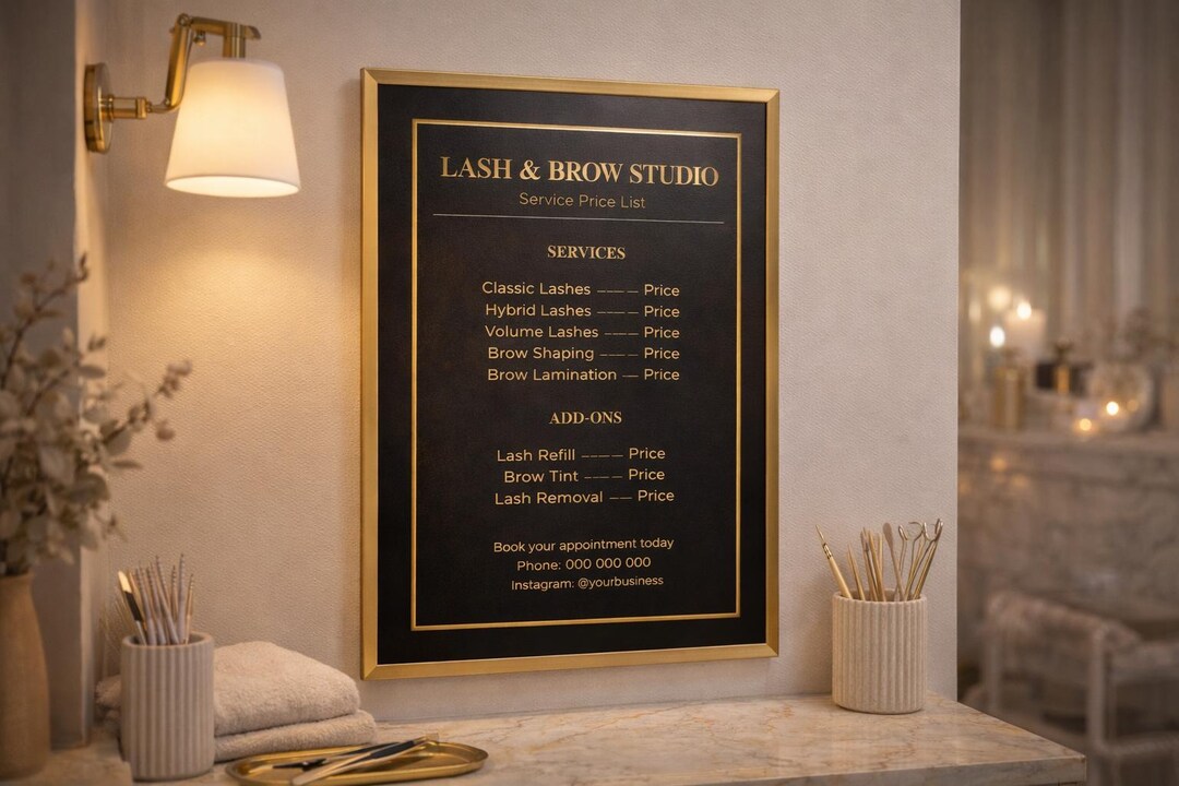 Lash & Brow Price List Template for Canva | Luxury Black Gold Beauty ...