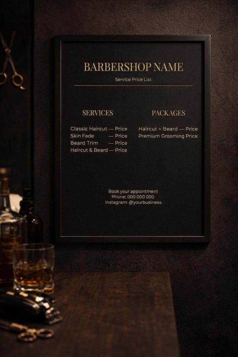 Luxury Barber Price List Template | Black Gold Barber Shop Menu ...