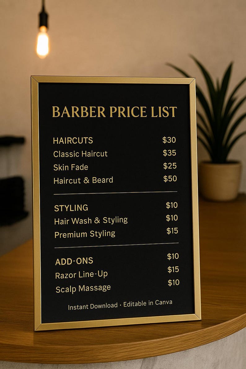 Barber Price List Canva Template | Editable Barbershop Menu | Black ...