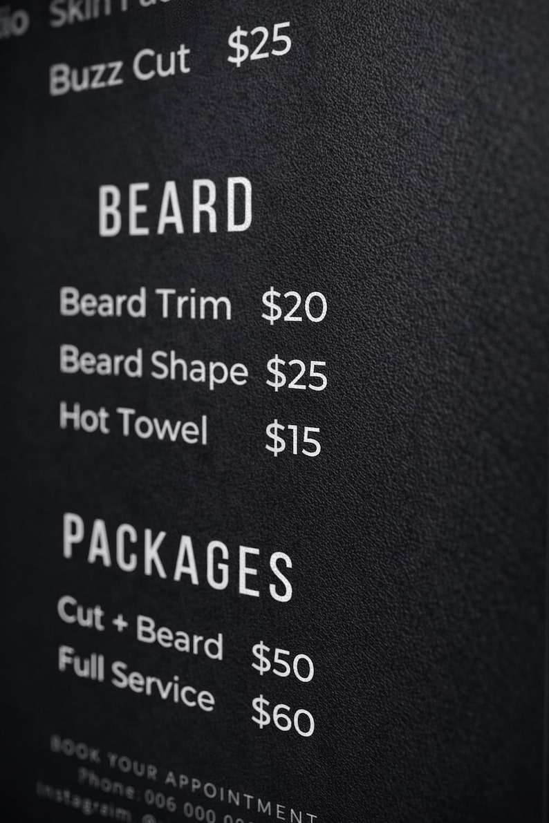 Editable Barber Price List Template for Canva | Black Minimalist ...