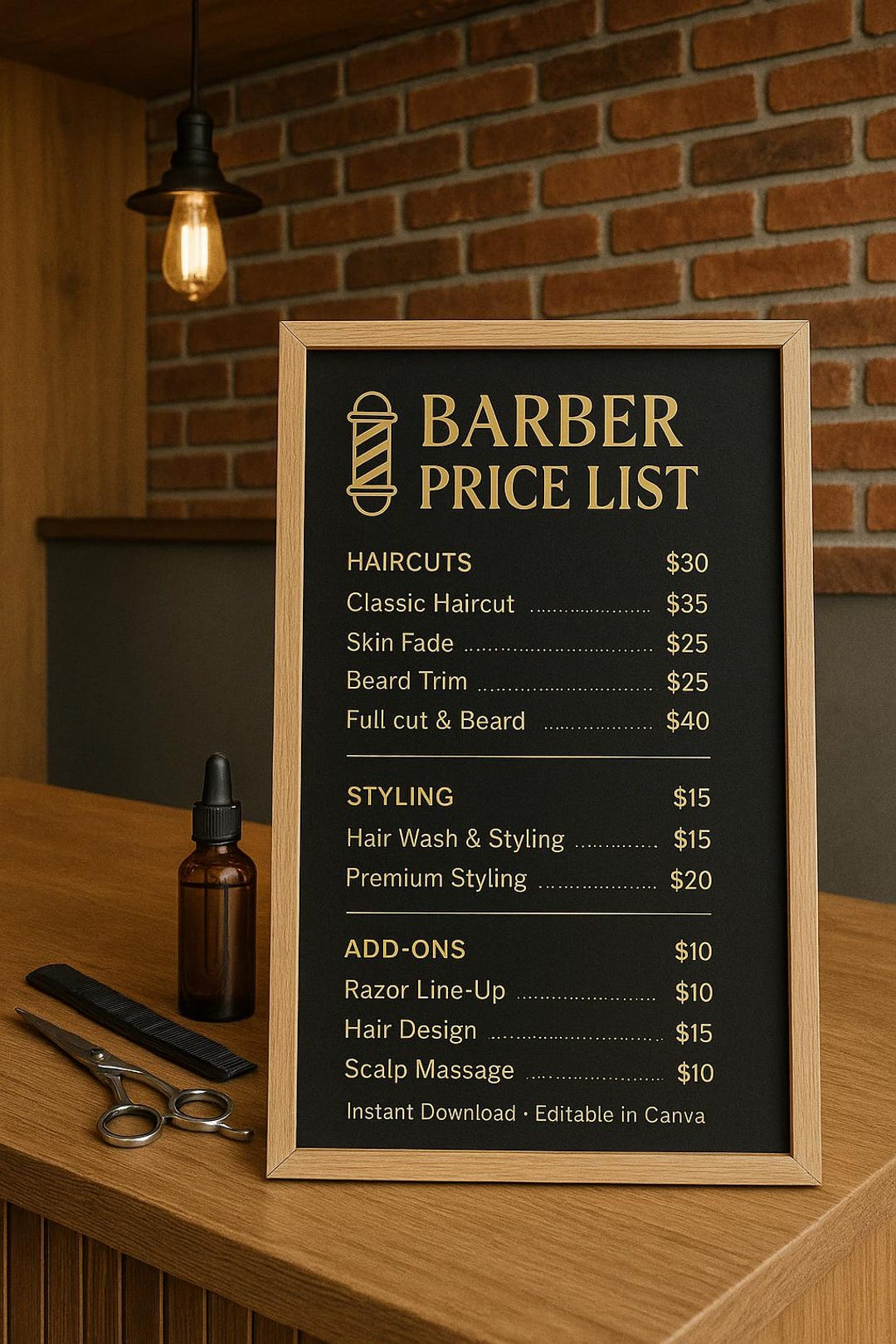 Barber Price List Canva Template | Editable Barbershop Menu | Black ...