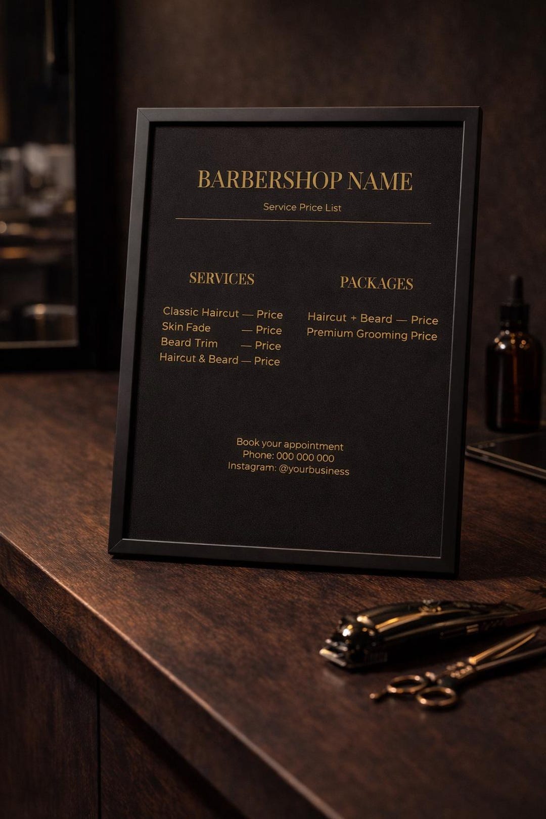 Luxury Barber Price List Template | Black Gold Barber Shop Menu ...