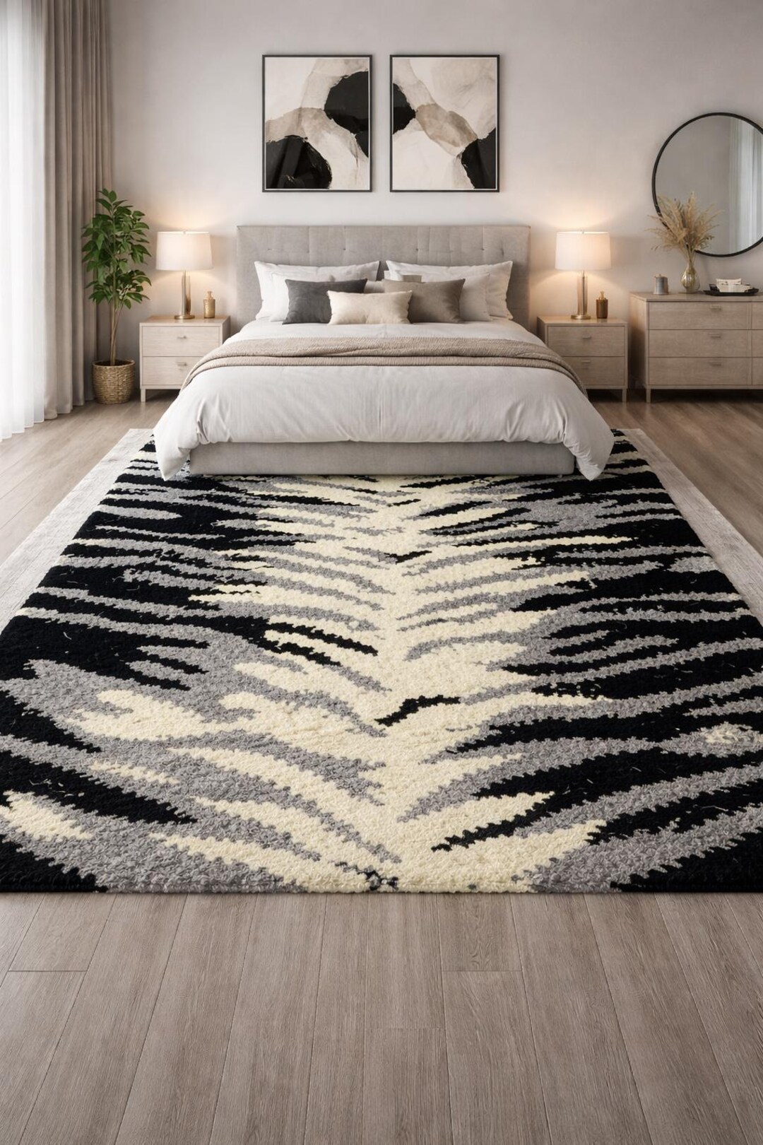 Hand-tufted Zebra Pattern Wool Blend Rug, Modern Black Grey Ivory Shag ...