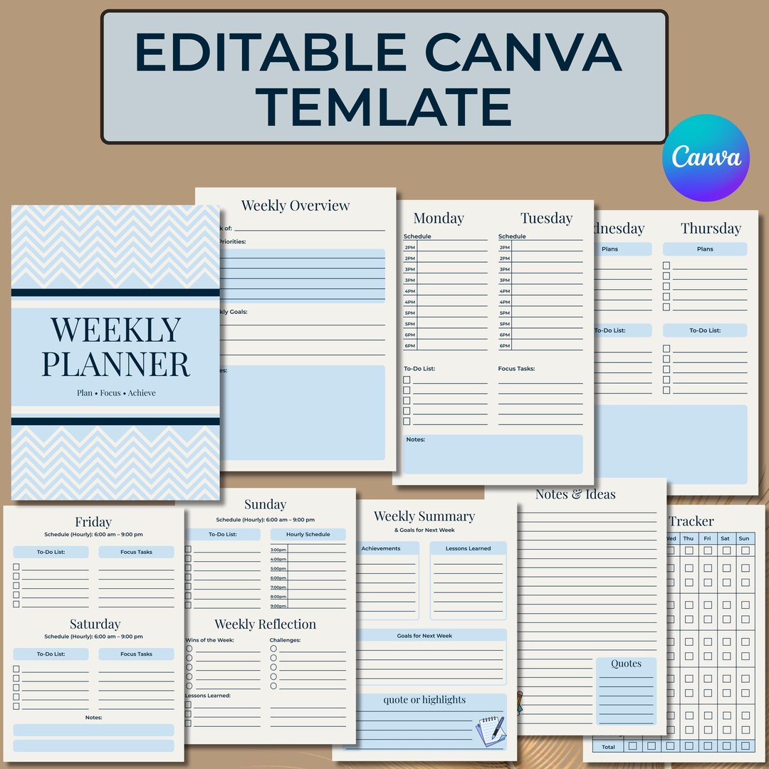 Editable Weekly Planner Canva Template | Minimal Weekly Schedule ...