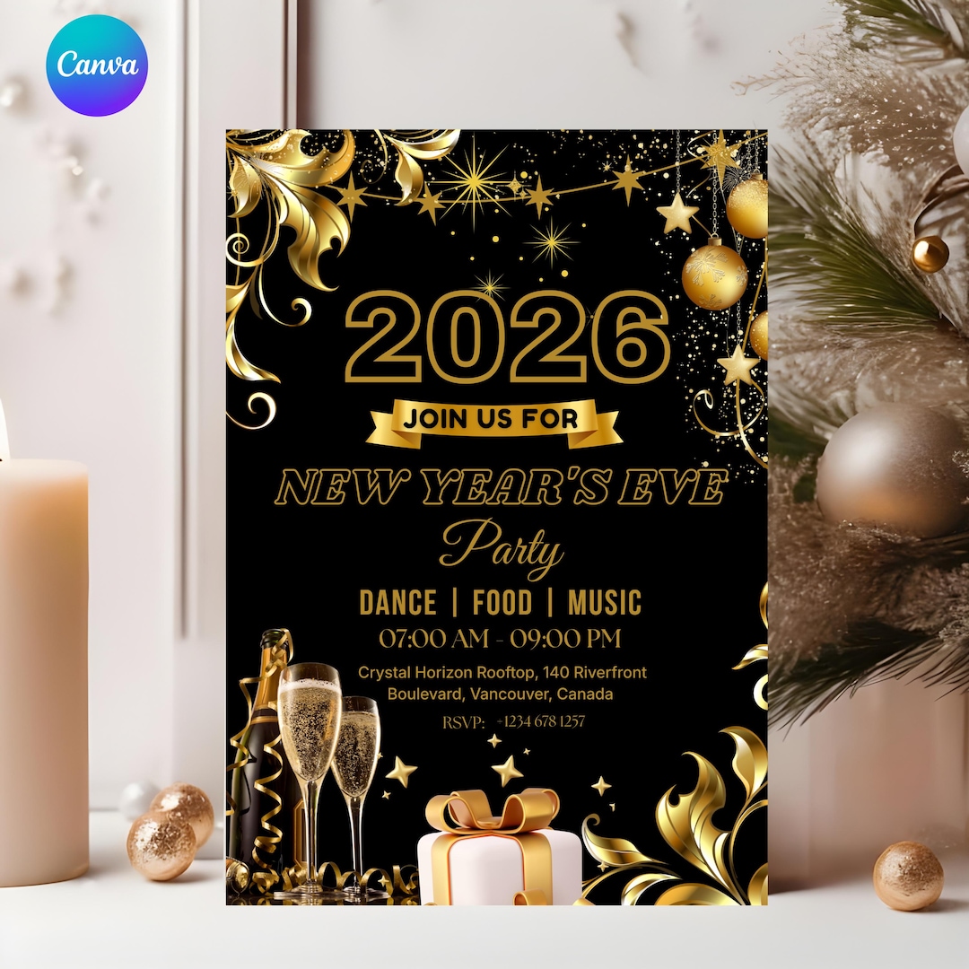 2026 New Year’s Eve Party Invitation Flyer , Black & Gold NYE Event ...