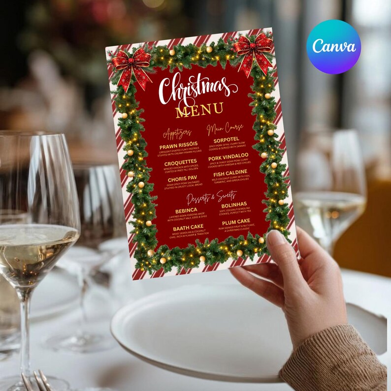 Christmas Menu Template Canva | Festive Holiday Dinner Menus| Red ...