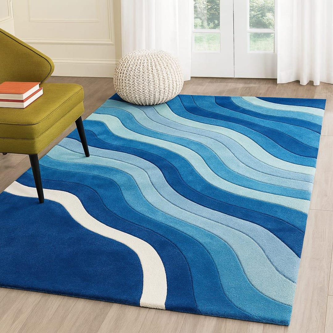 Handmade Blue Abstract Area Rug, Wavy Modern Wool Carpet, Contemporary ...