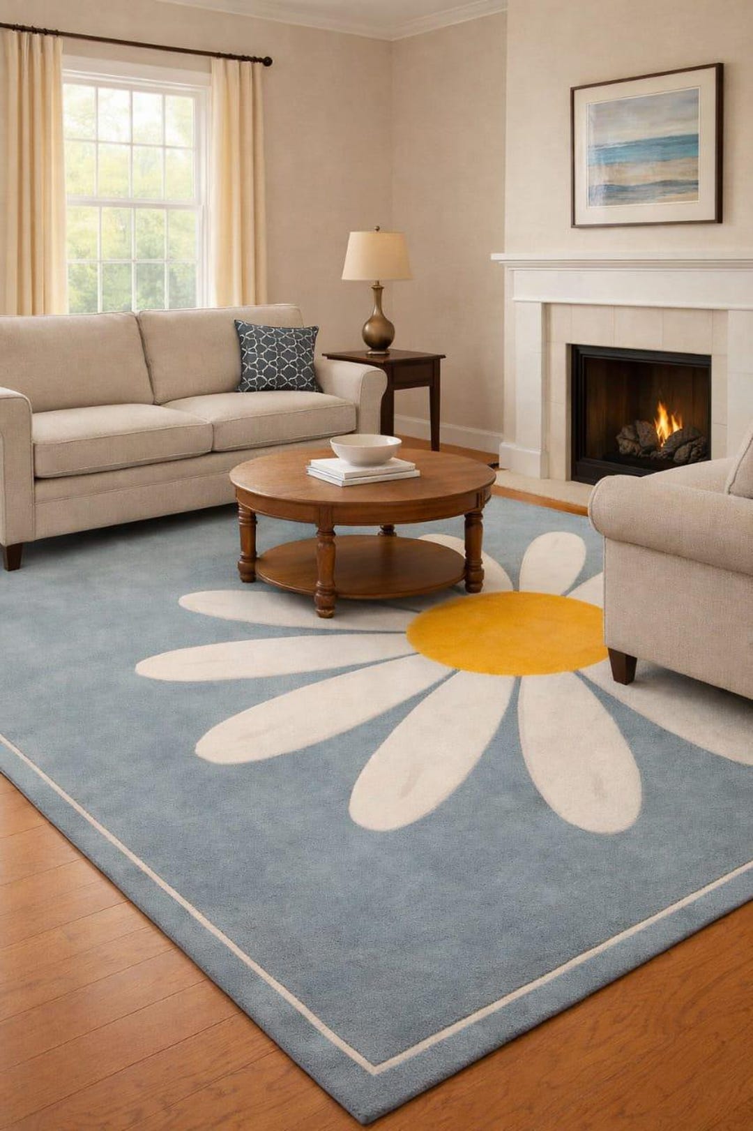 Large Daisy Floral Area Rug – Retro Mid Century Modern Blue White ...