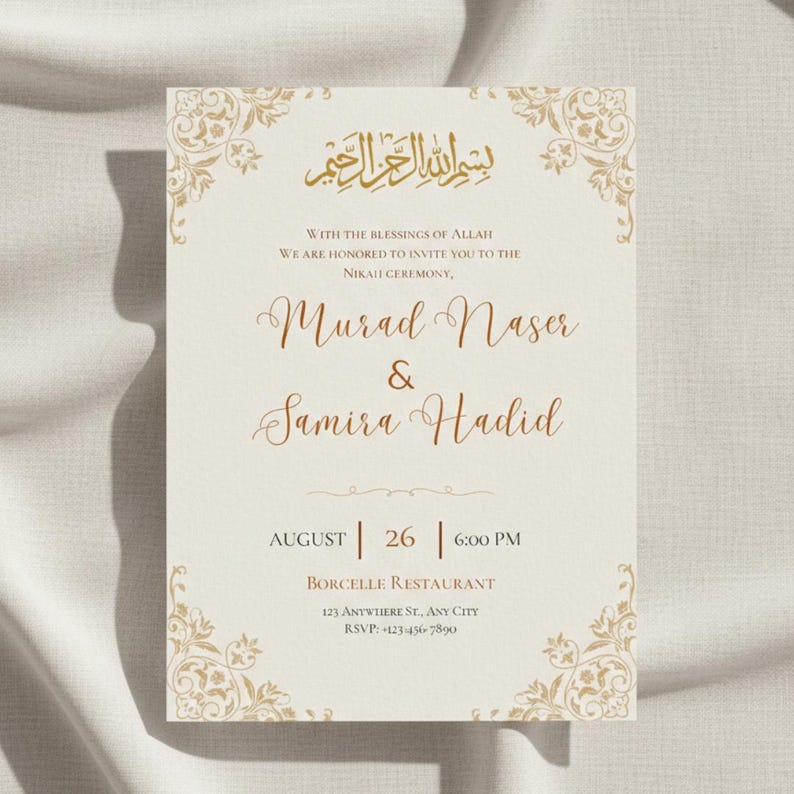 Editable Islamic Nikah Invitation Template, Minimal Muslim Wedding ...