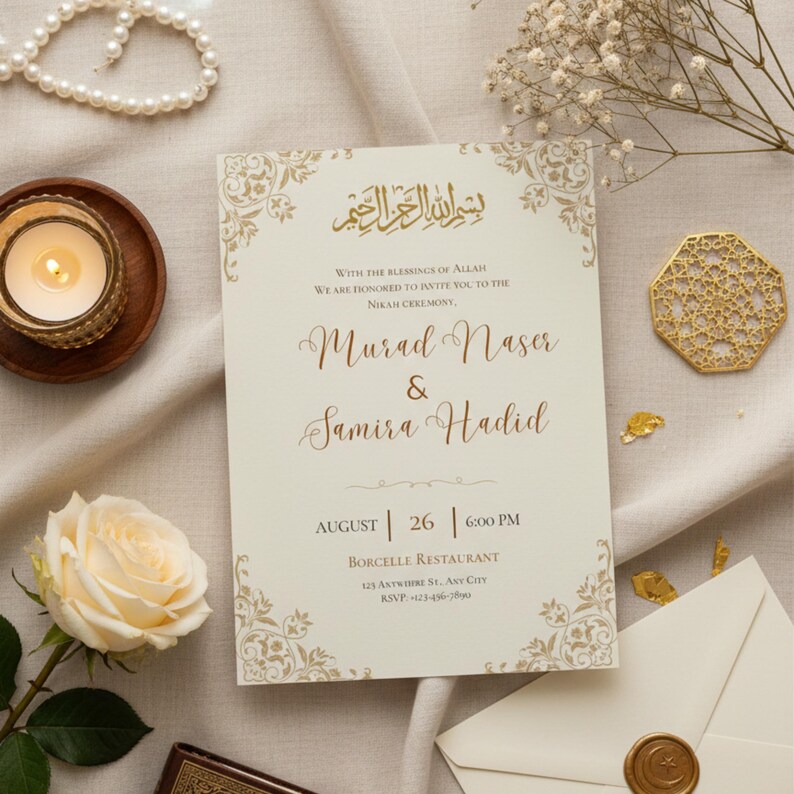 Editable Islamic Nikah Invitation Template, Minimal Muslim Wedding ...
