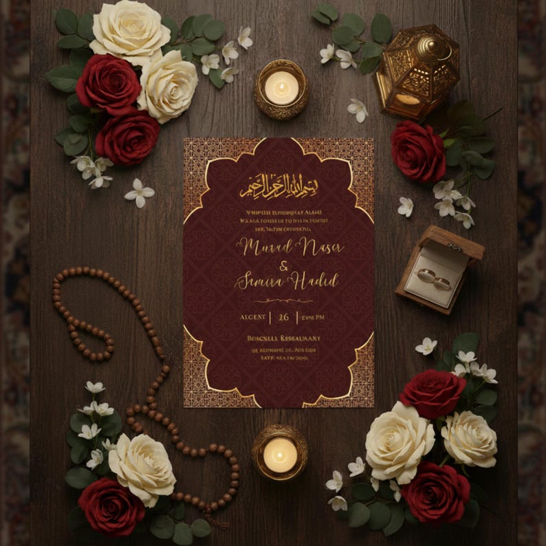 Islamic Nikah Invitation Template, Red Gold Muslim Wedding Card ...