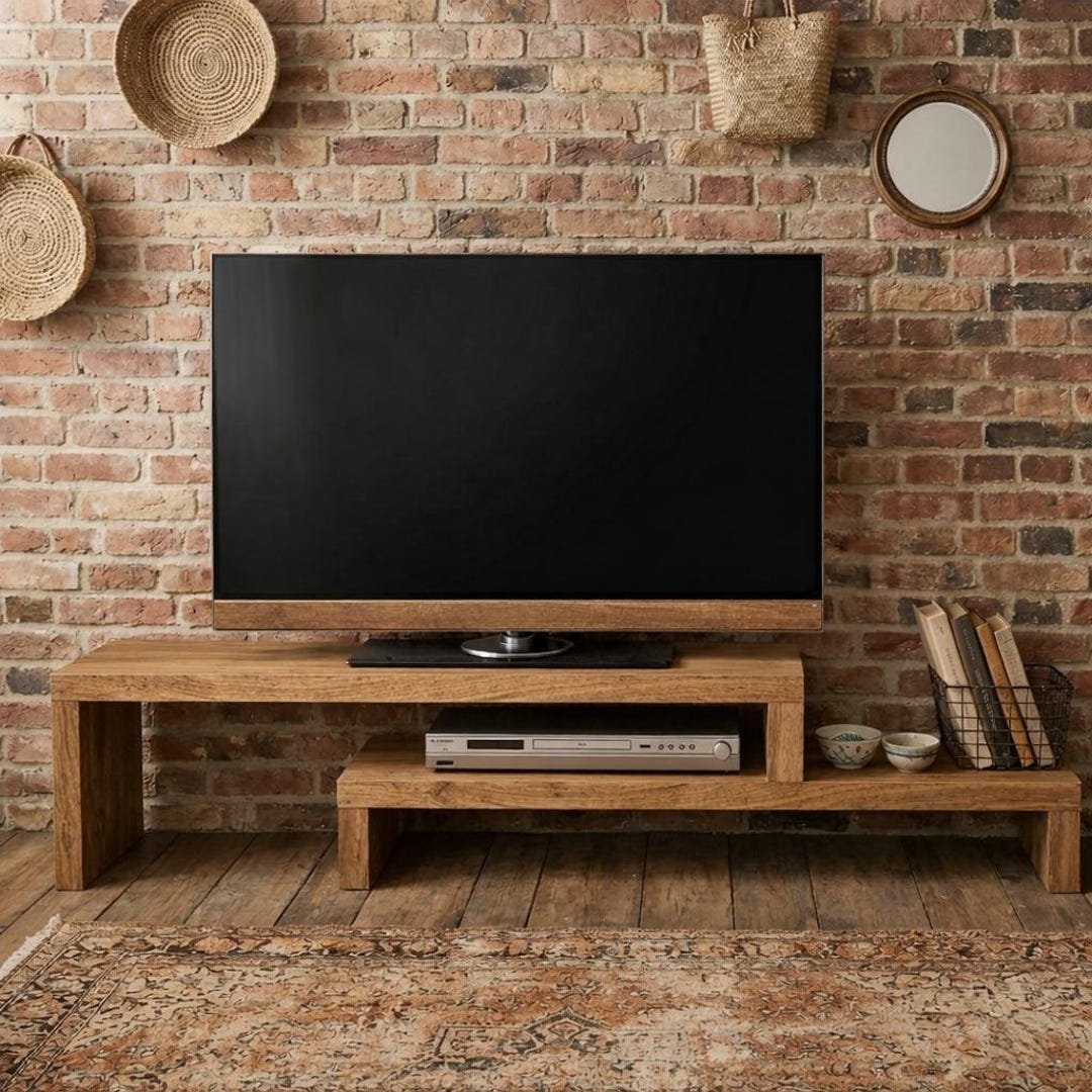 Natural Wood TV Unit – Modern Rustic Living Room Console With Storage ...