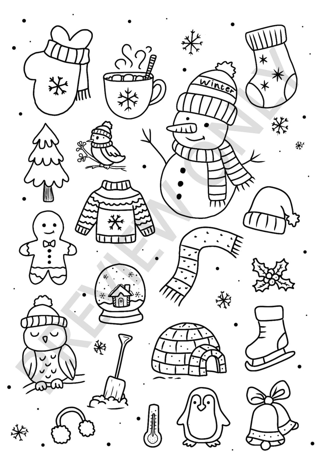 Winter Doodles Coloring Pages & Clipart | Printable PDF | PNG Icons ...