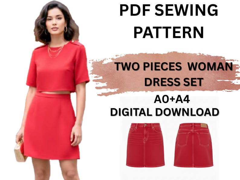Two Piece Dress Sewing Pattern | Women's Top & Skirt Set (PDF A0 A4 US ...