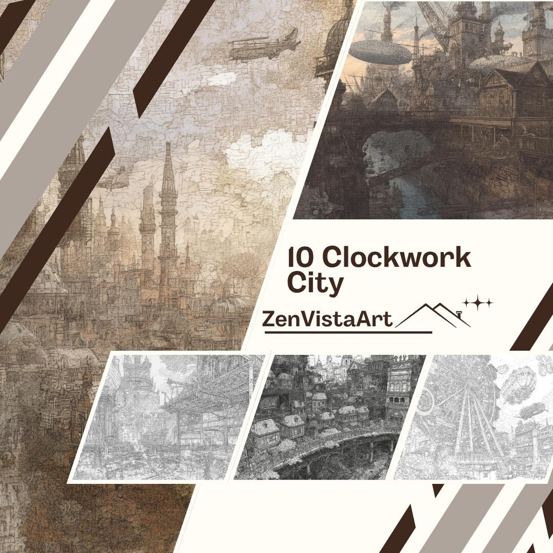 10 Clockwork Coloring Book | Clockwork City Fantasy Art Pages (PDF) - Etsy