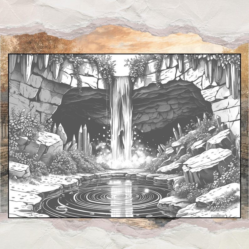 Cave Waterfall Coloring Pages | 25 Fantasy Nature Art (PDF Download) - Etsy