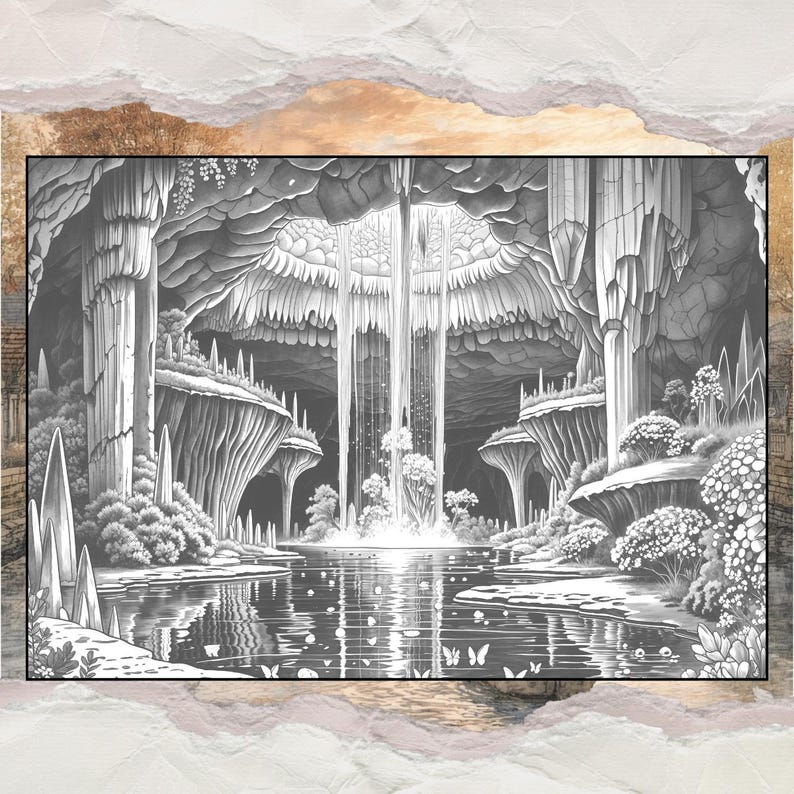 Cave Waterfall Coloring Pages | 25 Fantasy Nature Art (PDF Download) - Etsy