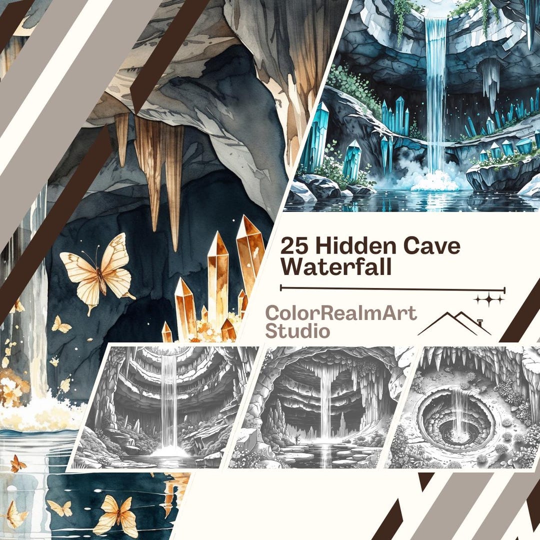 Cave Waterfall Coloring Pages | 25 Fantasy Nature Art (PDF Download) - Etsy