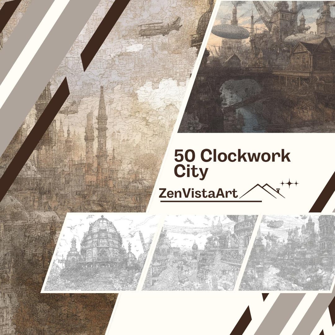 50 Clockwork Coloring Book | Clockwork City Fantasy Art Pages (PDF) - Etsy