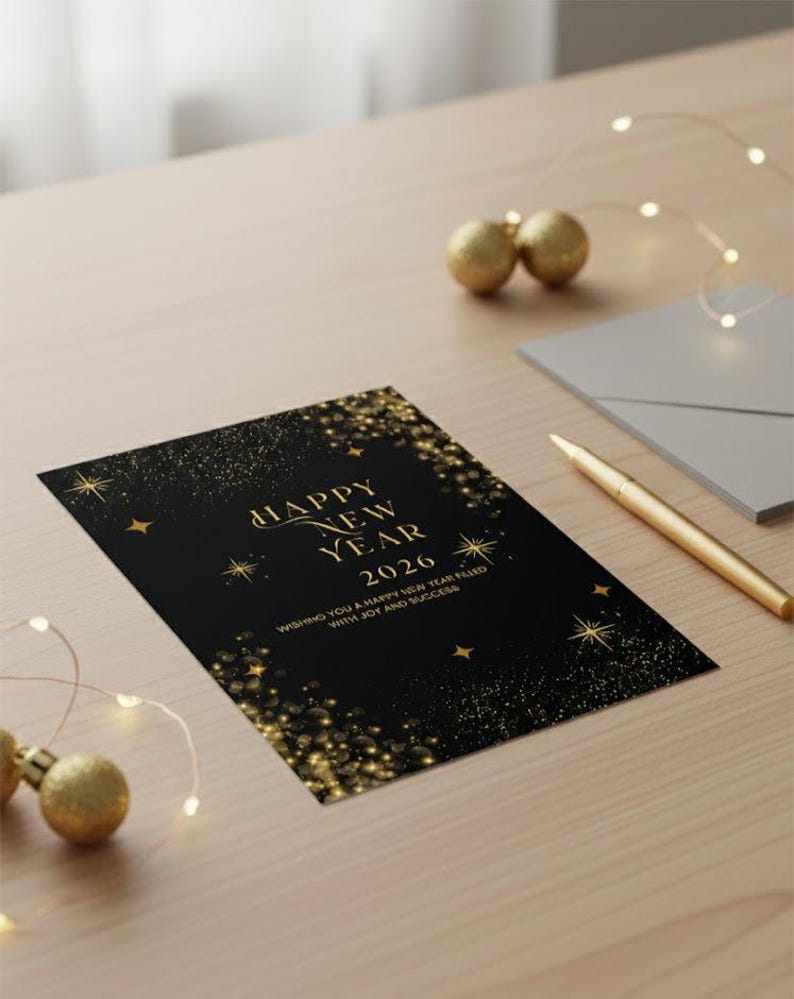 Black and Gold New Year Card 2026 | Elegant Minimalist New Year ...