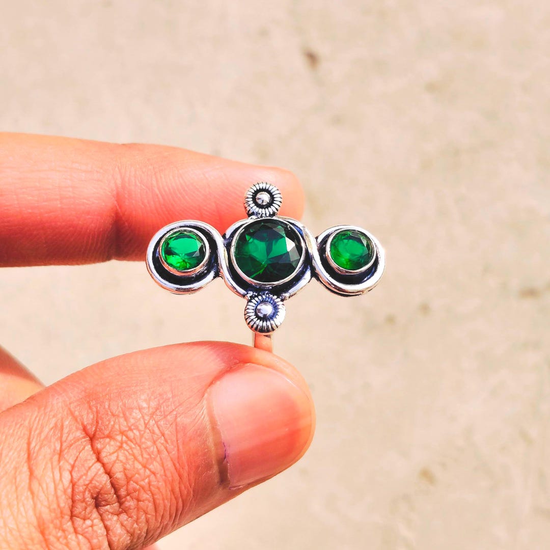 Green Stone Silver Finish Ring, Handmade Brass Statement Ring, Vintage ...