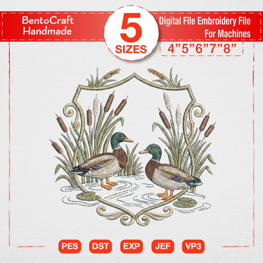 Mallard Duck Embroidery Crest, Standing Ducks Machine Embroidery File ...