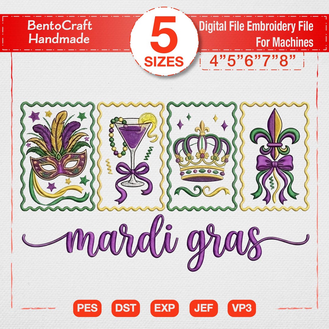 Mardi Gras Stamps Embroidery Design, New Orleans Icons Row Pattern ...