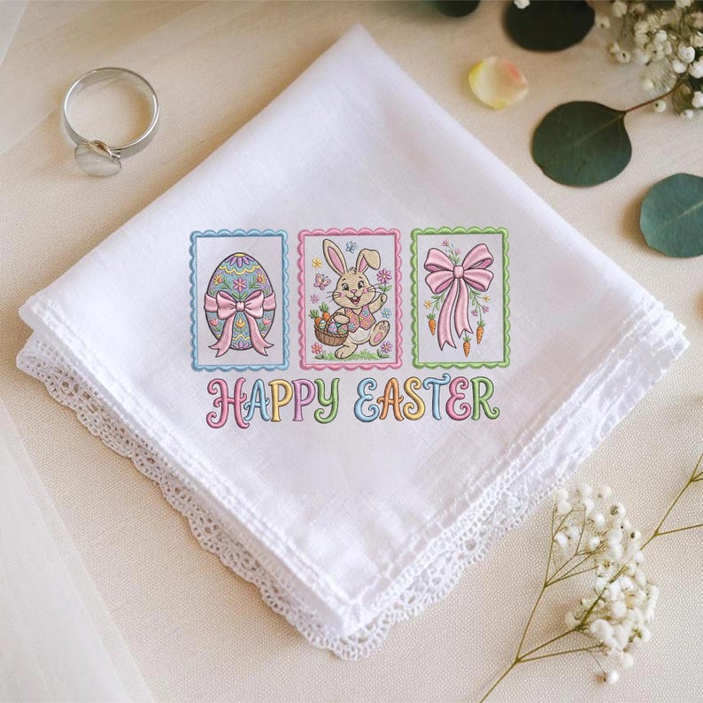 Happy Easter Embroidery Design, Bunny and Bow Machine File, Scalloped ...
