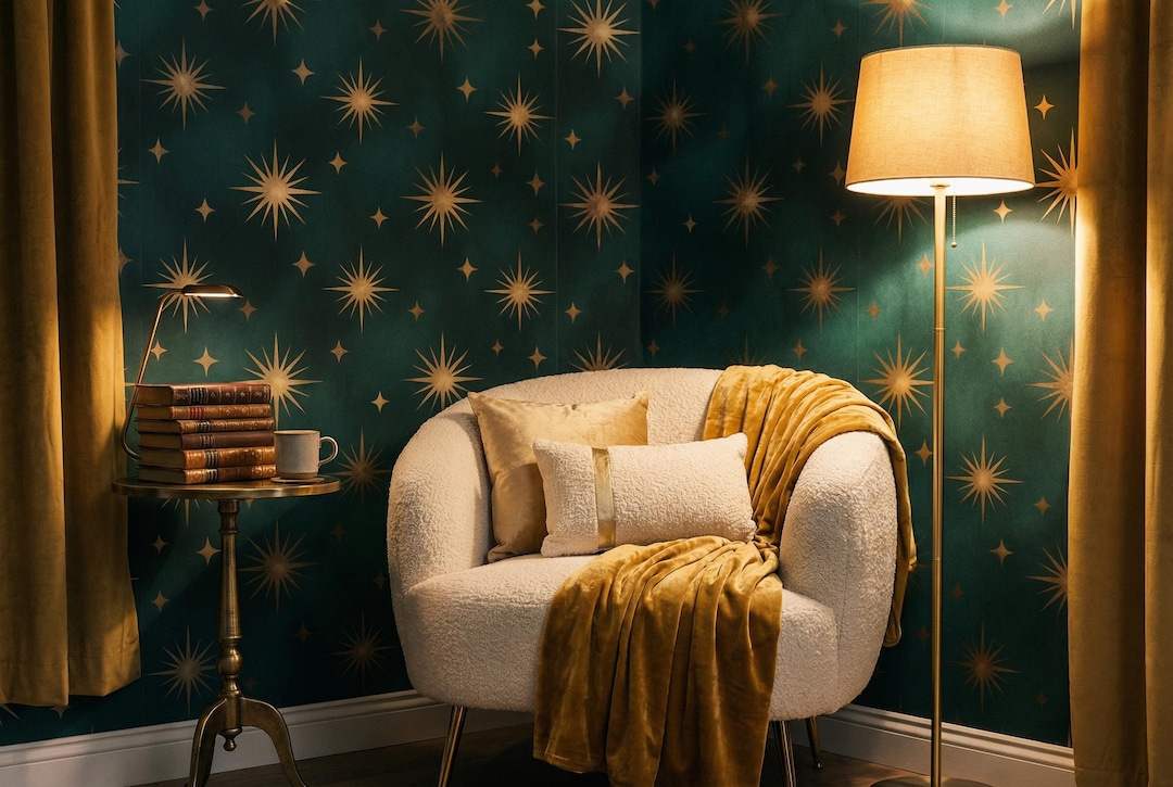Celestial Starburst Wallpaper Peel and Stick Mural Blue Gold Art Deco ...