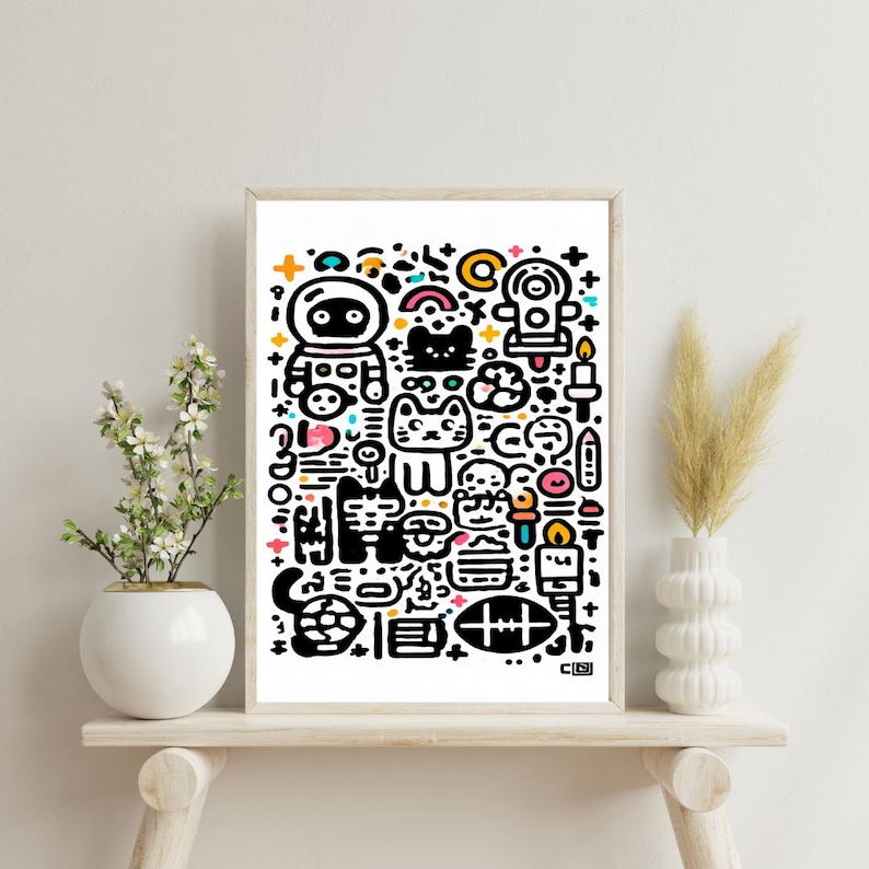 Doodle Character Wall Art, Cartoon Pattern Poster, Minimal Line Art ...