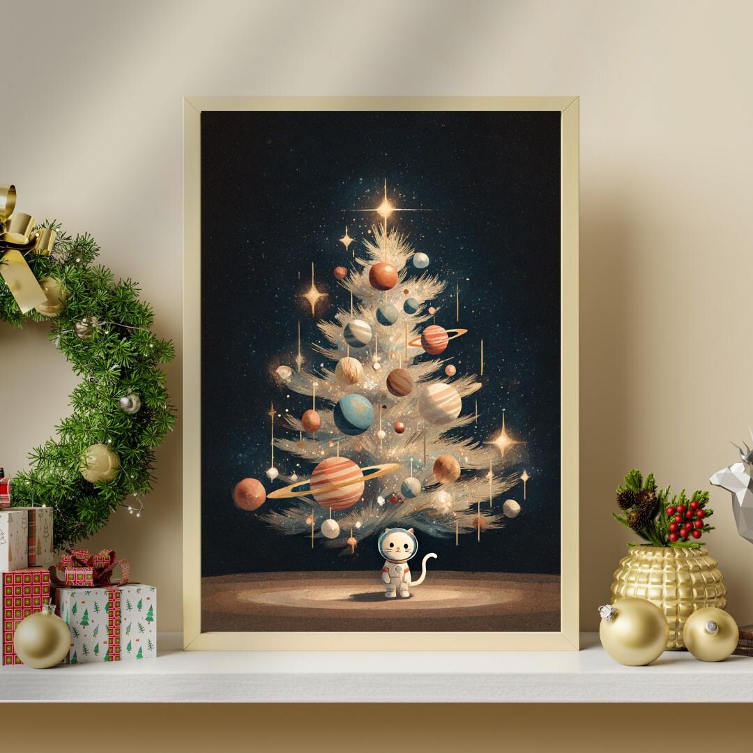 Cosmic Christmas Tree Art Print | Cat Astronaut Holiday Decor | Cozy ...