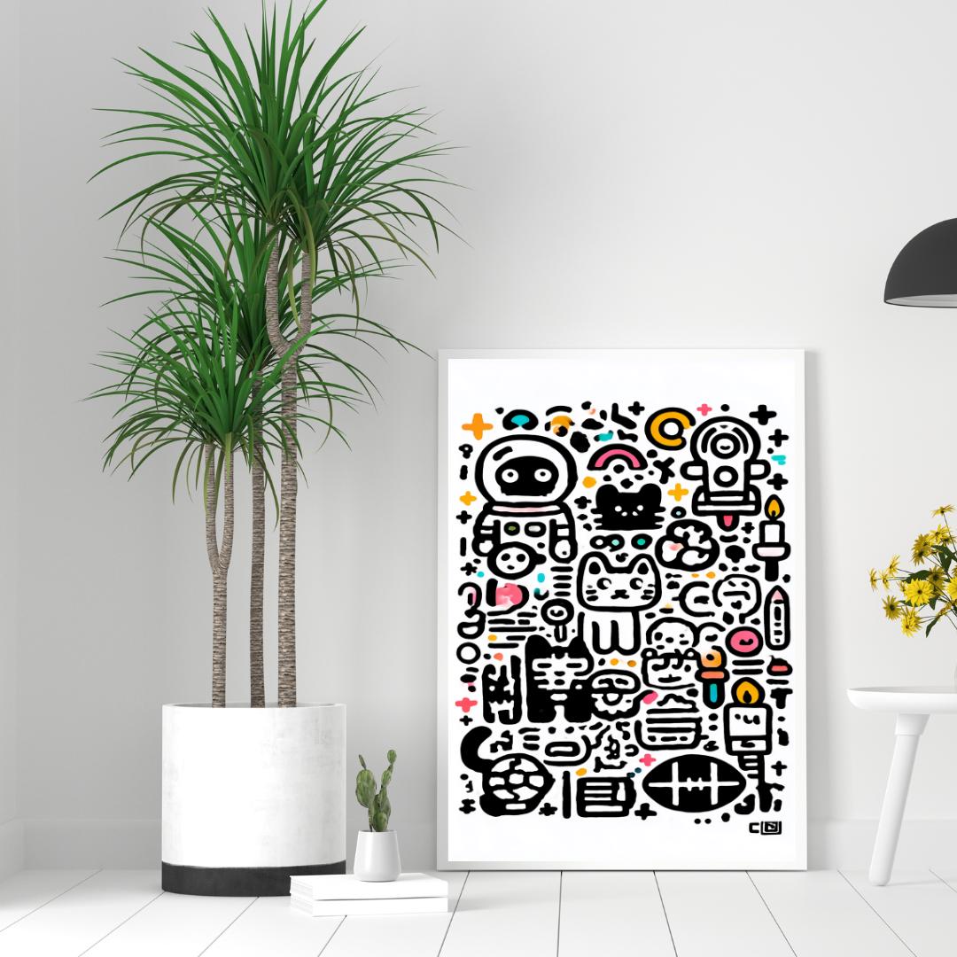 Doodle Character Wall Art, Cartoon Pattern Poster, Minimal Line Art ...