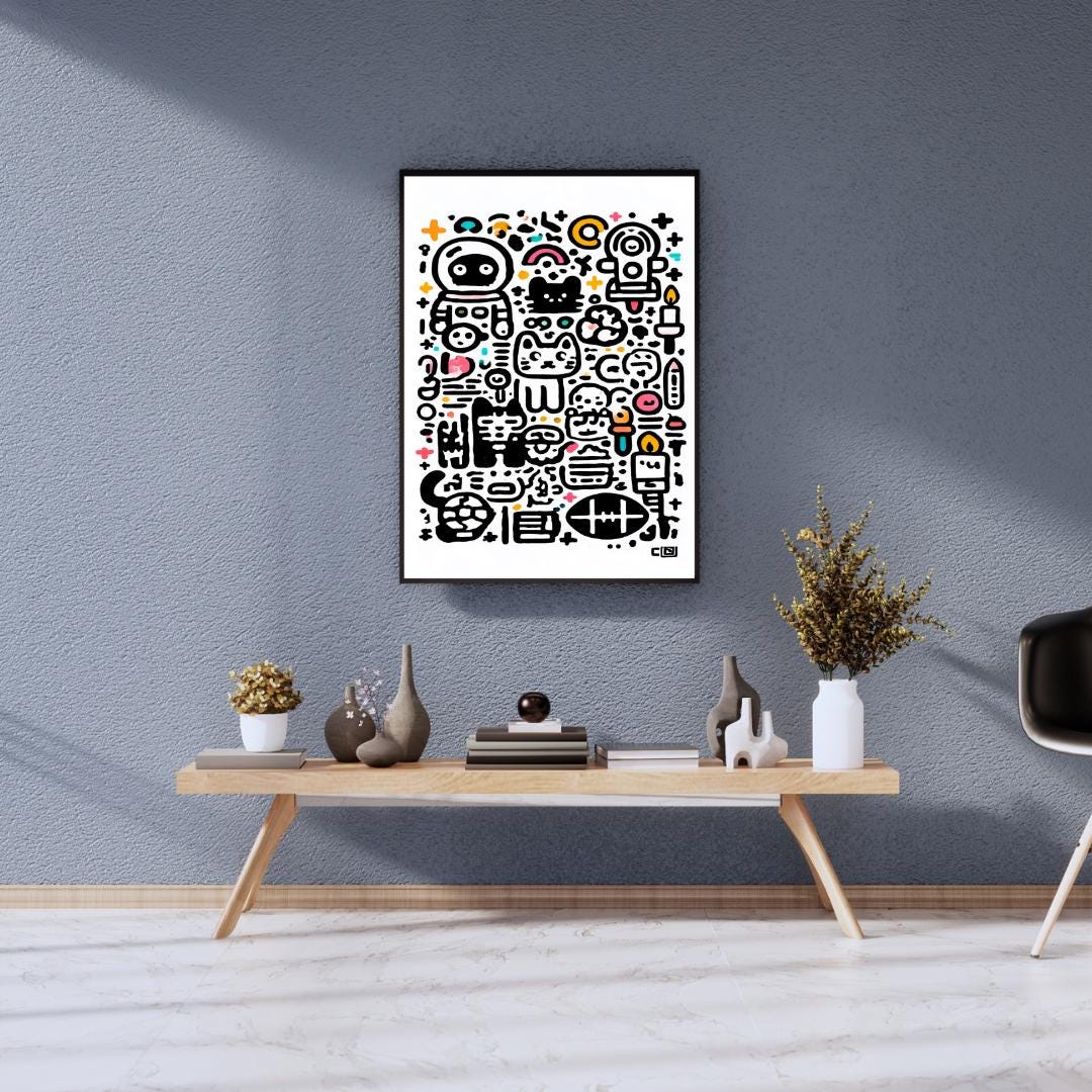 Doodle Character Wall Art, Cartoon Pattern Poster, Minimal Line Art ...