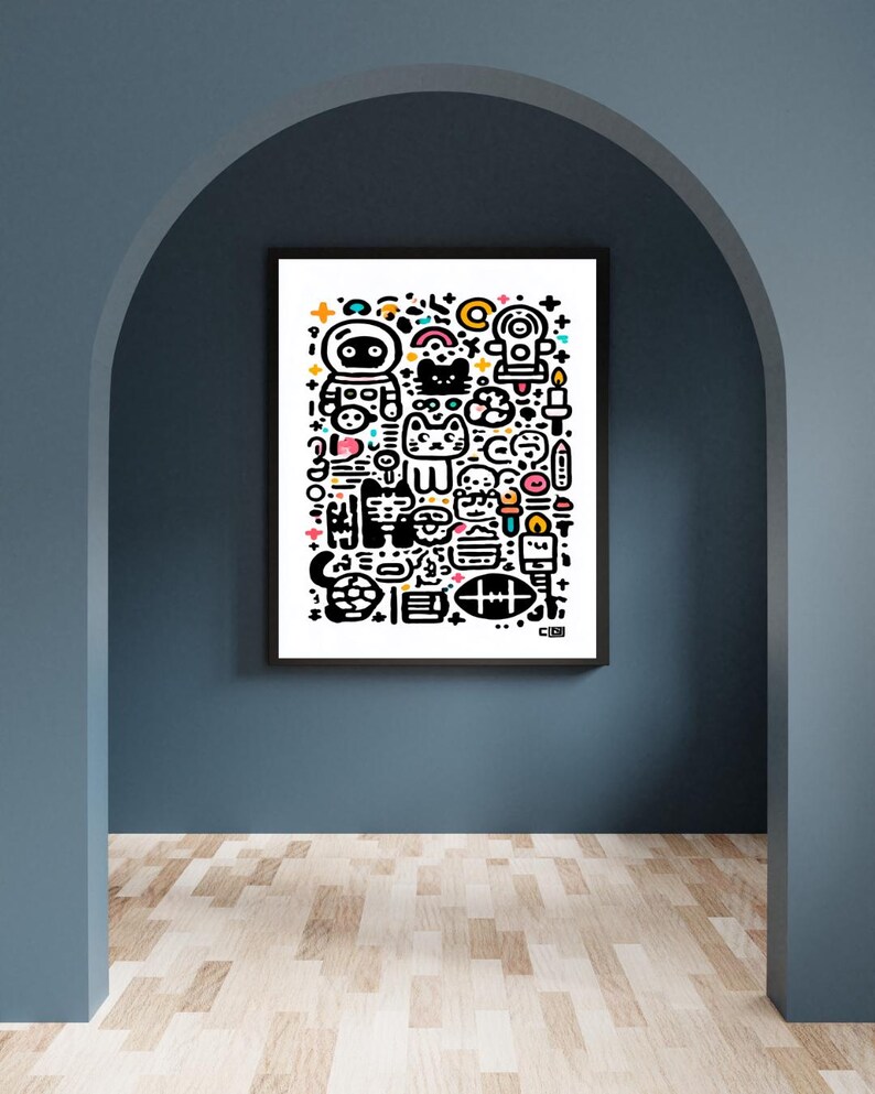 Doodle Character Wall Art, Cartoon Pattern Poster, Minimal Line Art ...