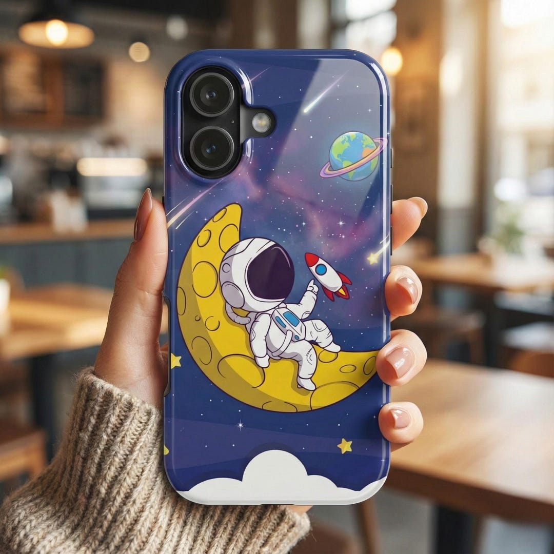 Astronaut on Moon Crescent Phone Case | Space Rocket, Stars, Planet ...