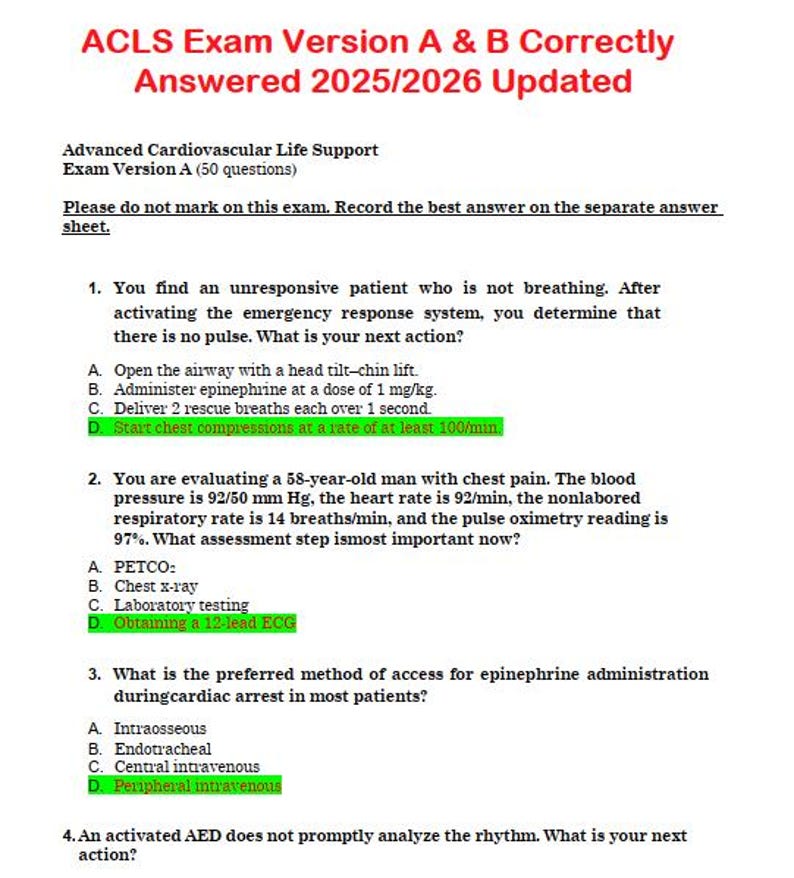 ACLS Exam Version A & B Correctly Answered 2026 Updated - Etsy