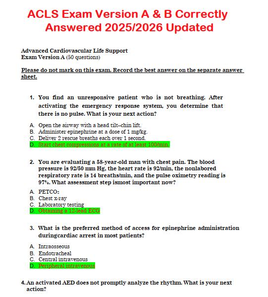 ACLS Exam Version A & B Correctly Answered 2026 Updated - Etsy