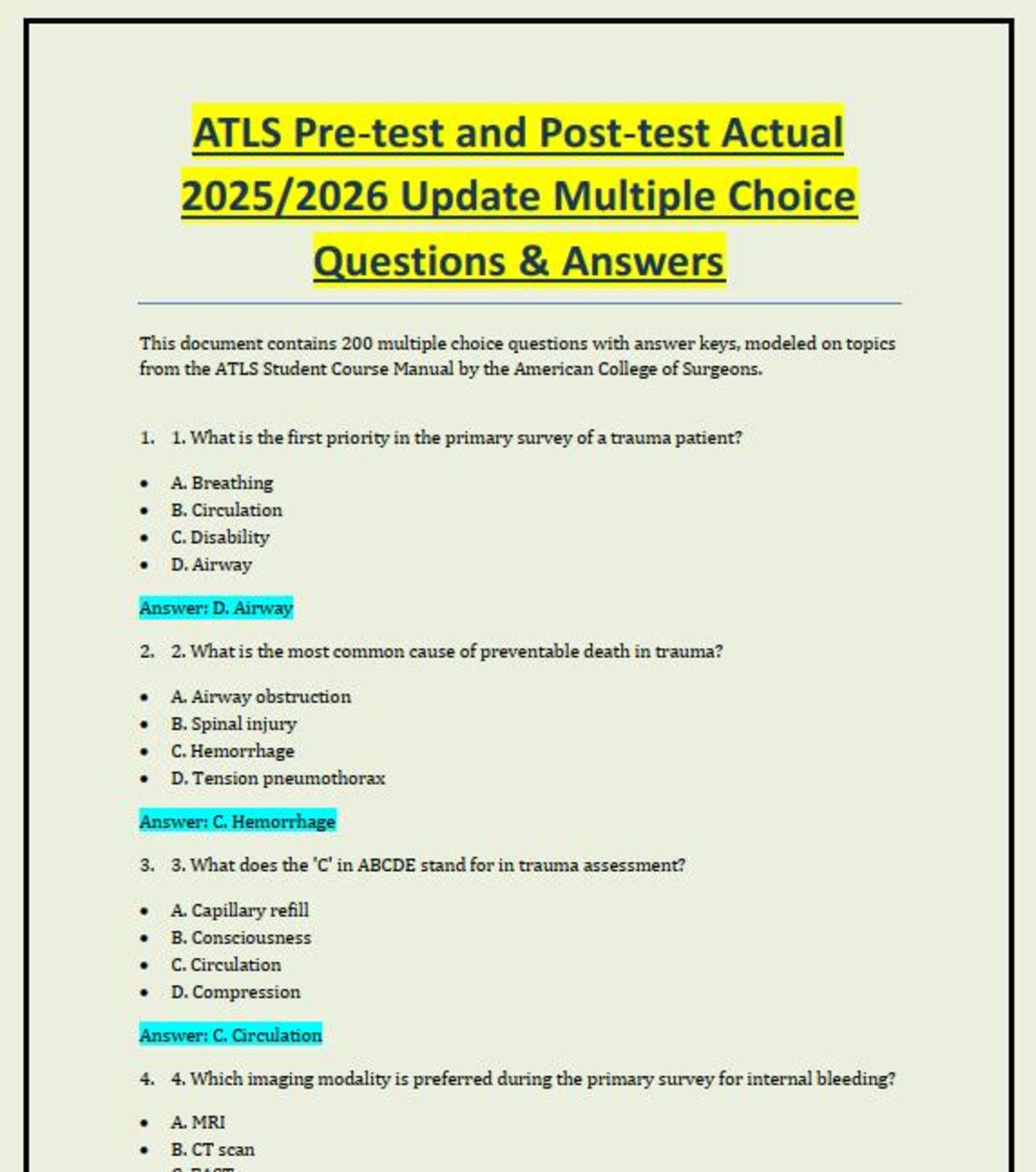 ATLS Pre-test and Post-test Actual 2025/2026 Update Multiple Choice ...