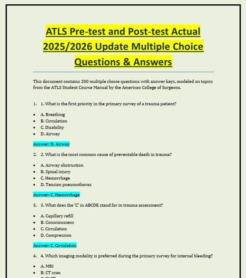 ATLS Pre-test and Post-test Actual 2025/2026 Update Multiple Choice ...